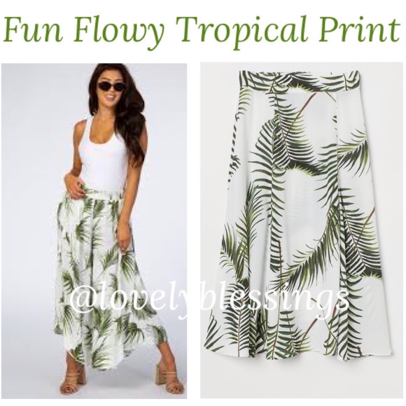 H&M | Skirts | Tropical Leaf Pattern H M Long Soft Flowy Skirt White ...